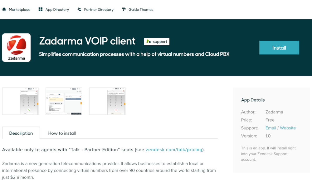 Zendesk CRM and Virtual Zadarma PBX integration